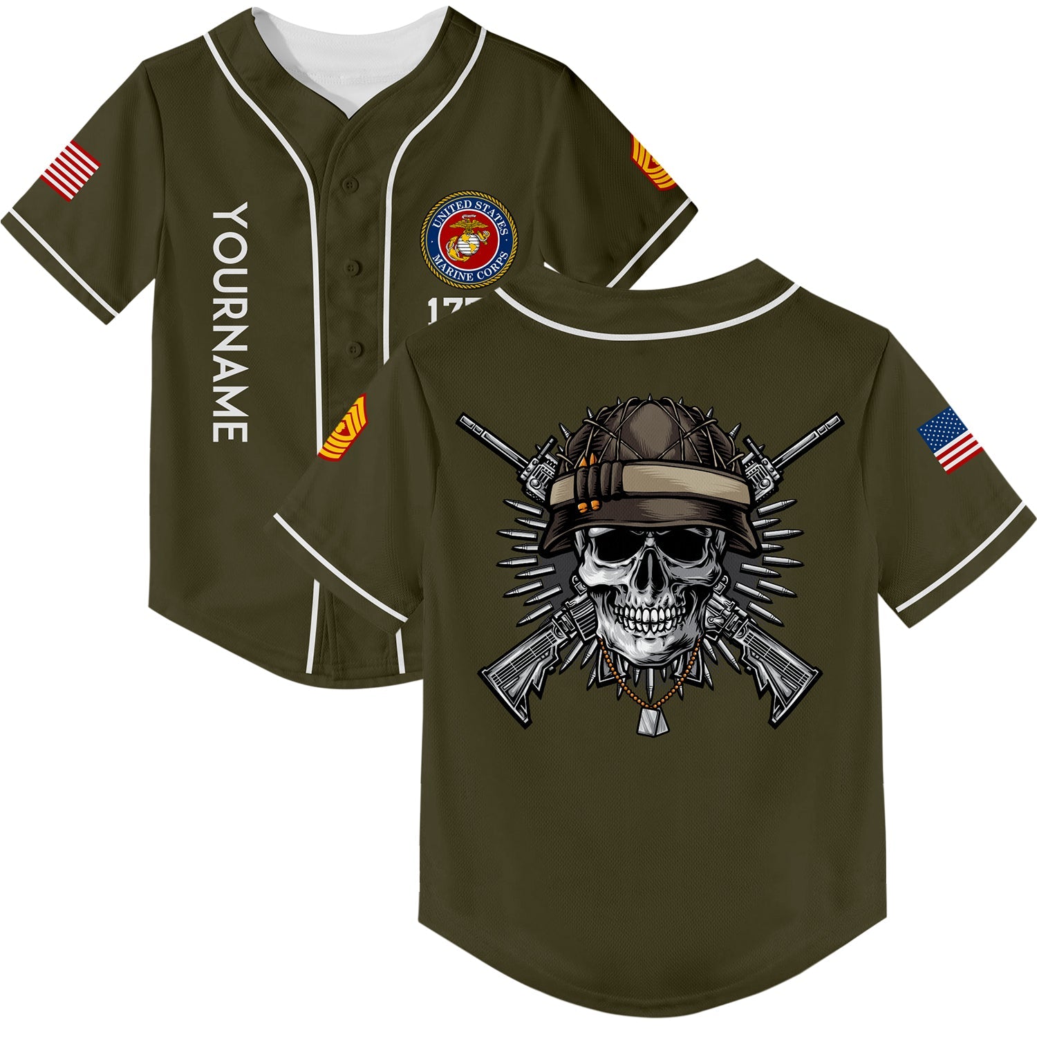 Custom Olive Skull 1776 U.S Marine Corps Military Rank Name Baseball J ...