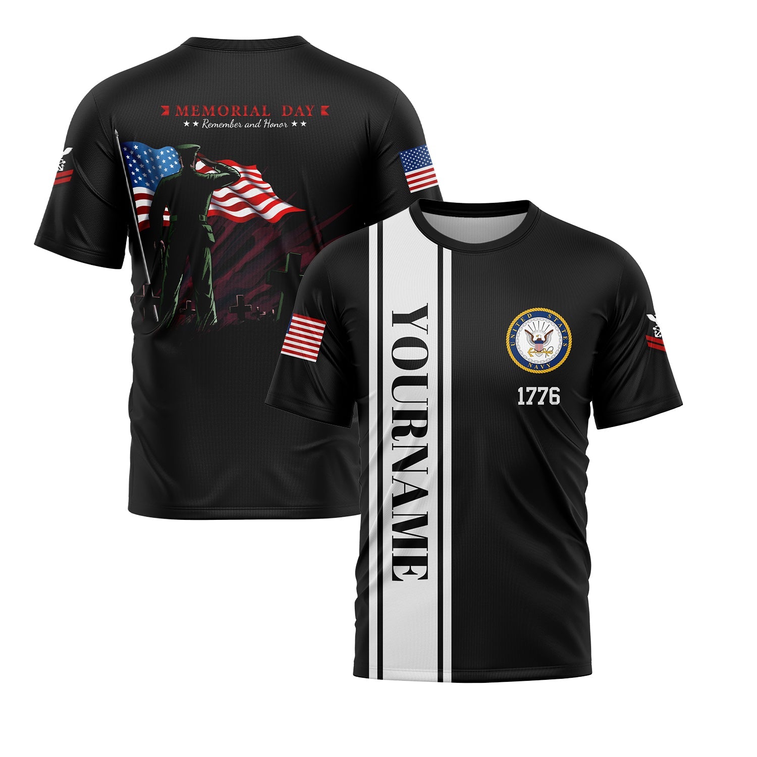 Custom Black Tombstone Remember And Honor 1776 American Flag U.S Navy ...