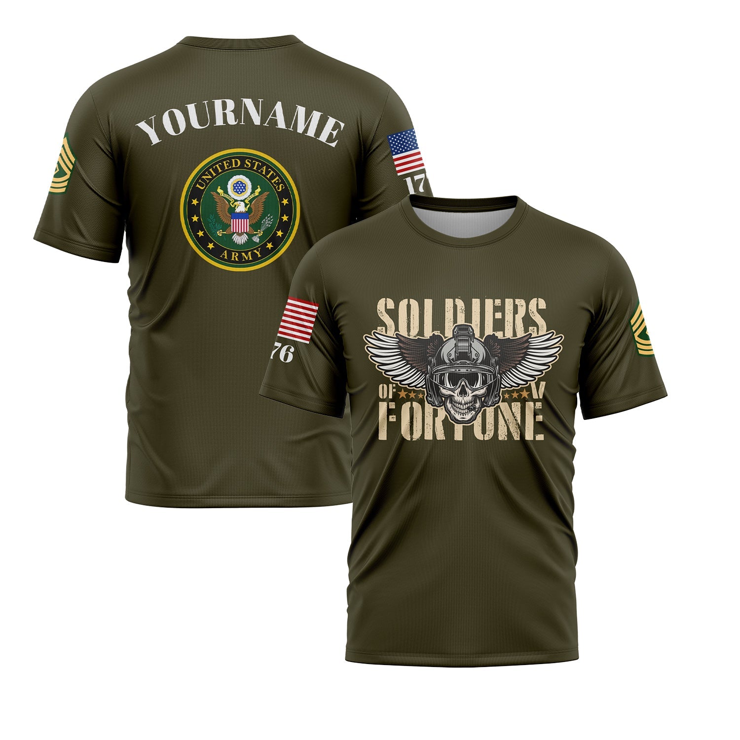 Custom Olive Skull Soldiers Of Fortune 1776 U.S Army Military Rank Nam ...