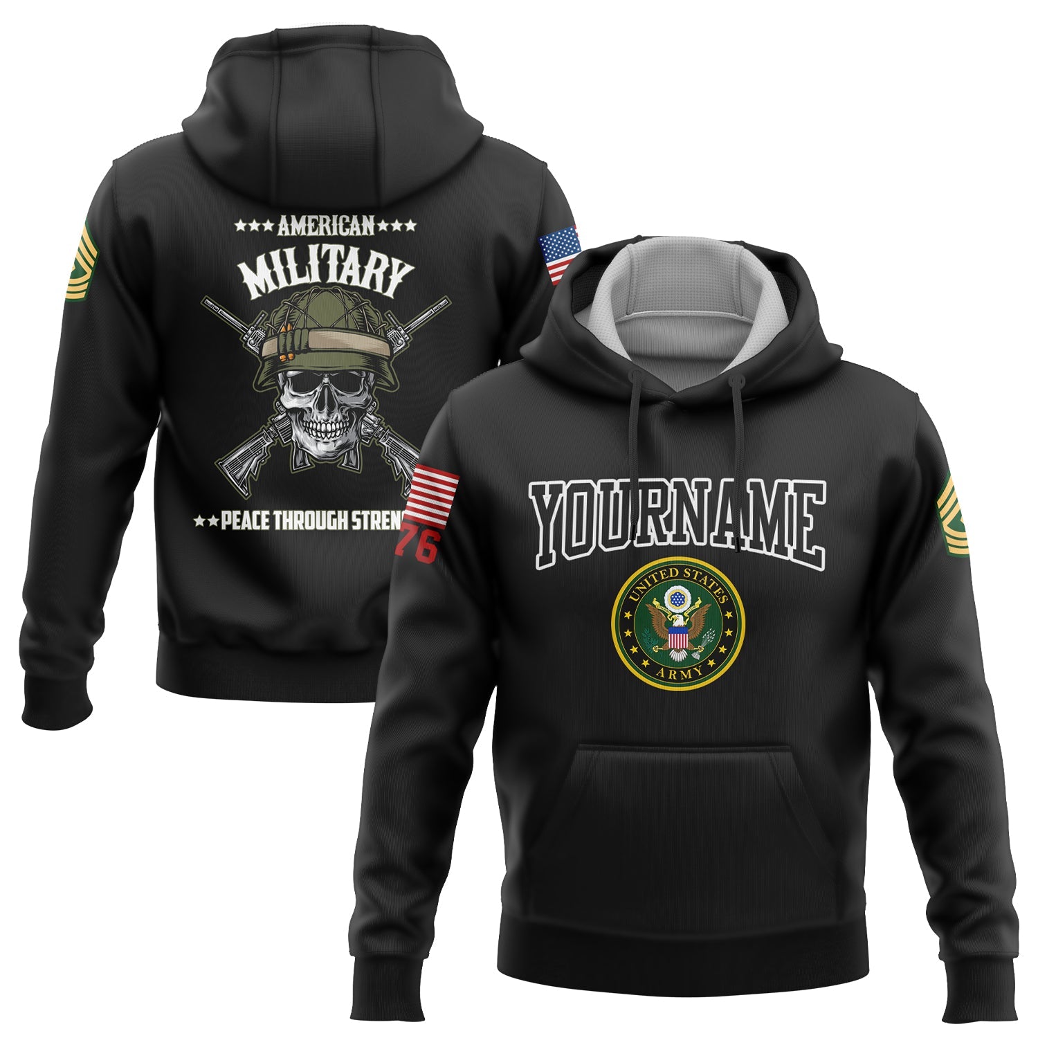 Custom Black Skull Peace Through Strength 1776 U.S Army Military Rank ...