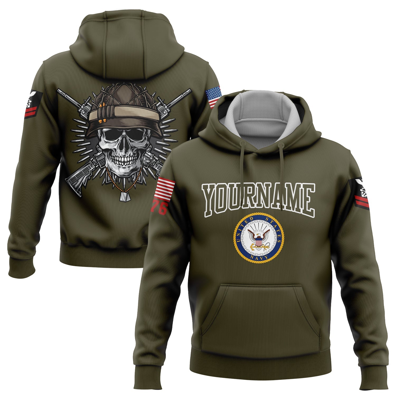 Custom Olive Skull 1776 U.S Navy Military Rank Name Hoodie – customspresent